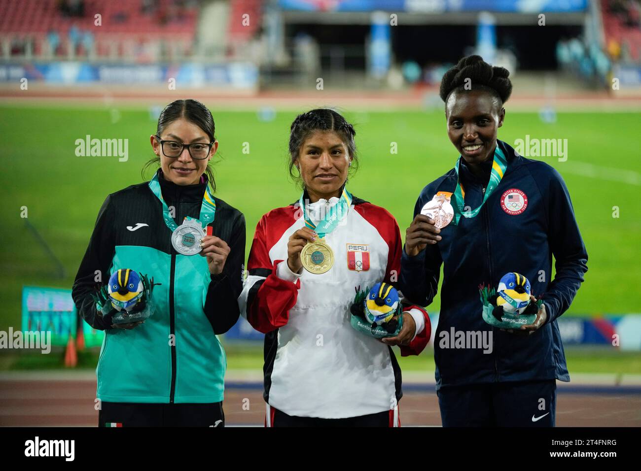 Medalists, from left, Mexico's Laura Galvan, silver, Peru's Luz Mery ...