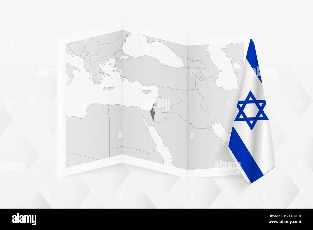 A grayscale map of Israel with a hanging Israeli flag on one side ...