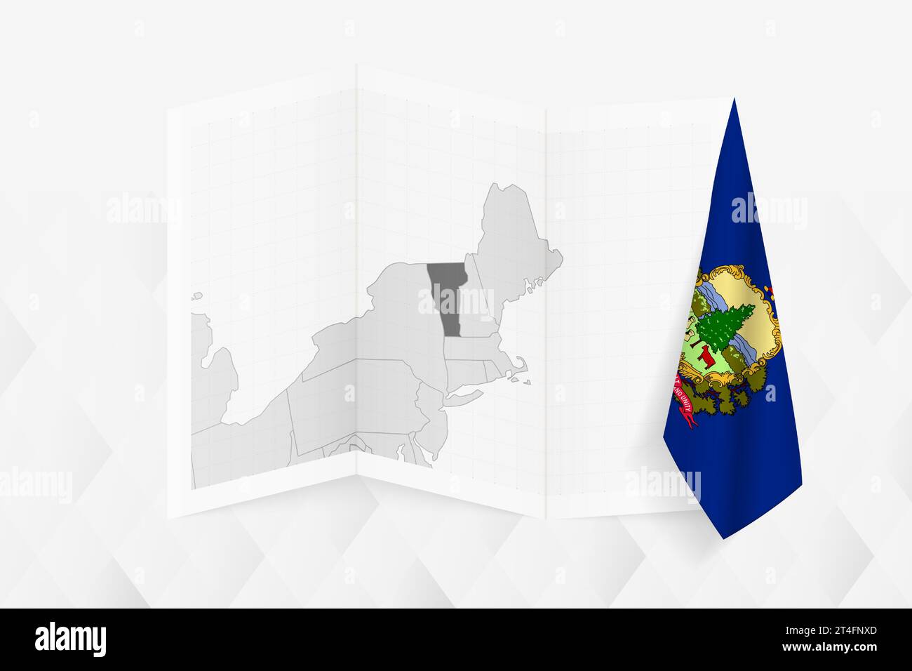 A grayscale map of Vermont with a hanging Vermont flag on one side ...