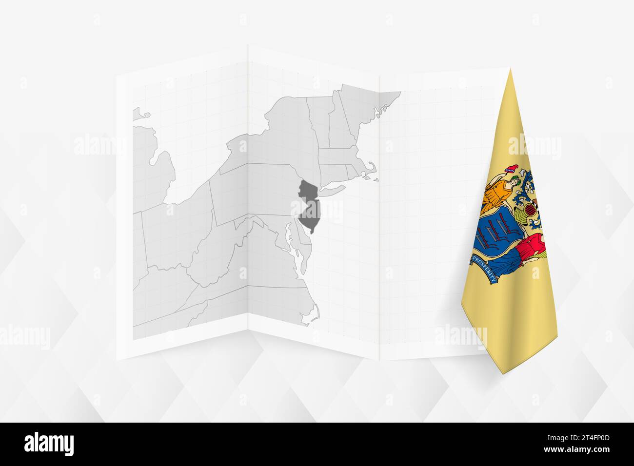 A grayscale map of New Jersey with a hanging New Jersey flag on one ...