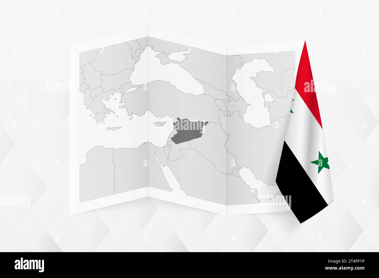 A grayscale map of Syria with a hanging Syrian flag on one side. Vector ...