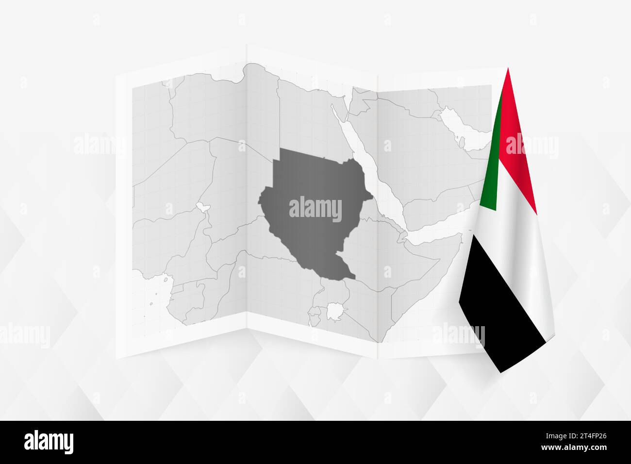 A grayscale map of Sudan with a hanging Sudanese flag on one side ...