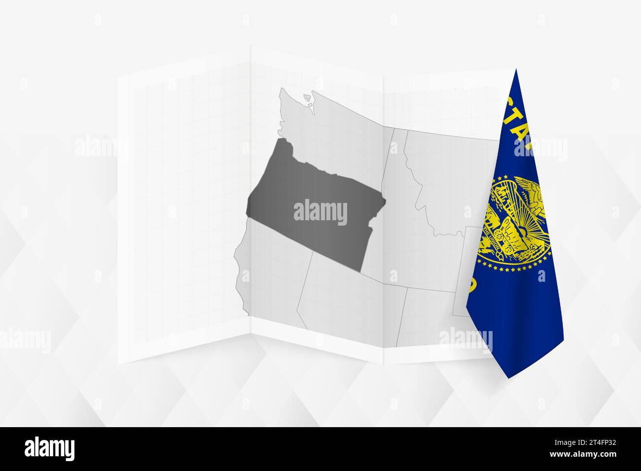 A grayscale map of Oregon with a hanging Oregon flag on one side ...