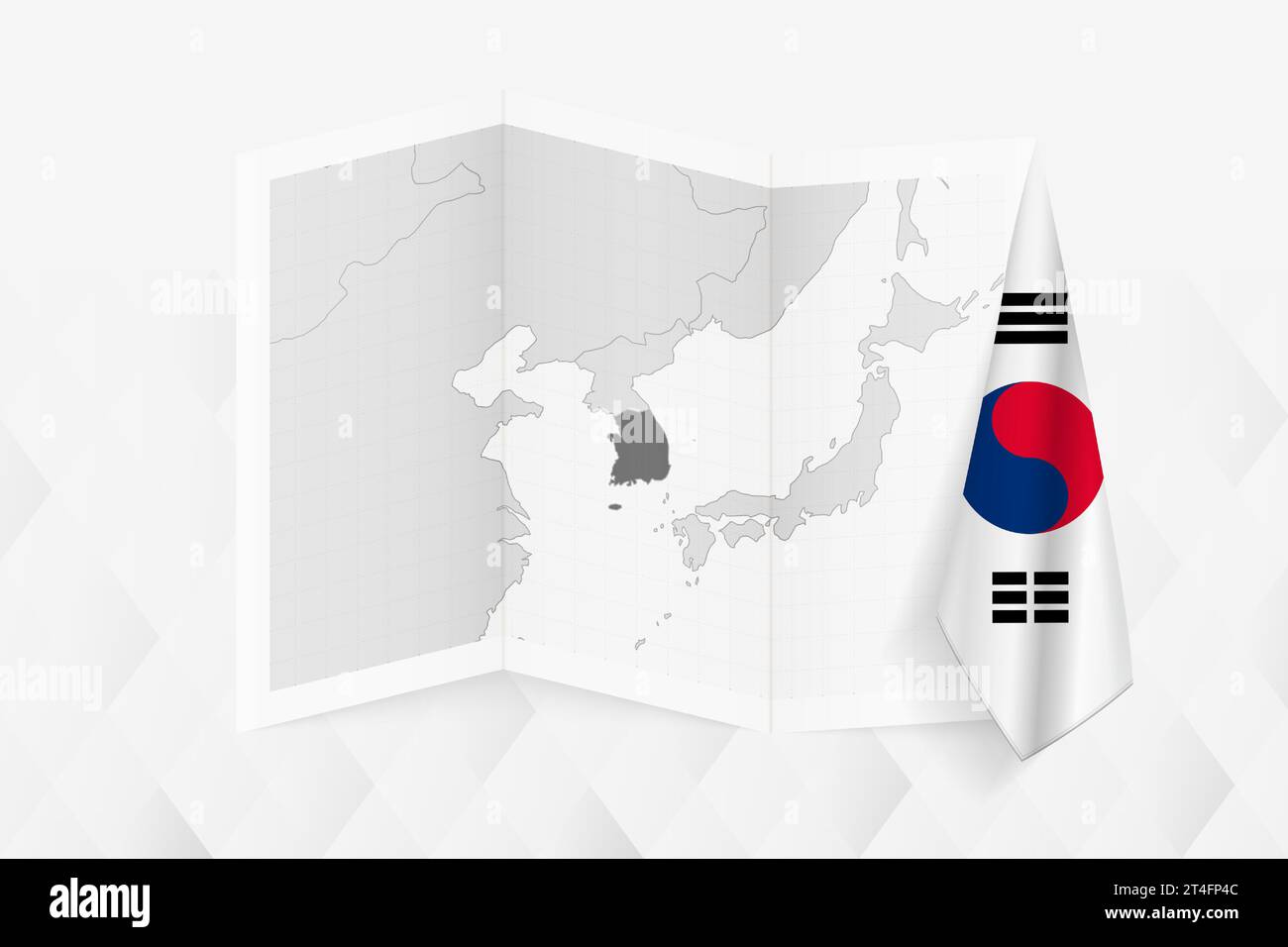 A grayscale map of South Korea with a hanging South Korean flag on one ...
