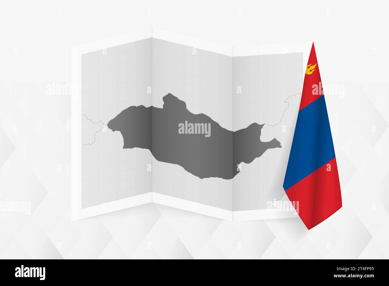 A grayscale map of Mongolia with a hanging Mongolian flag on one side. Vector map for many types ...