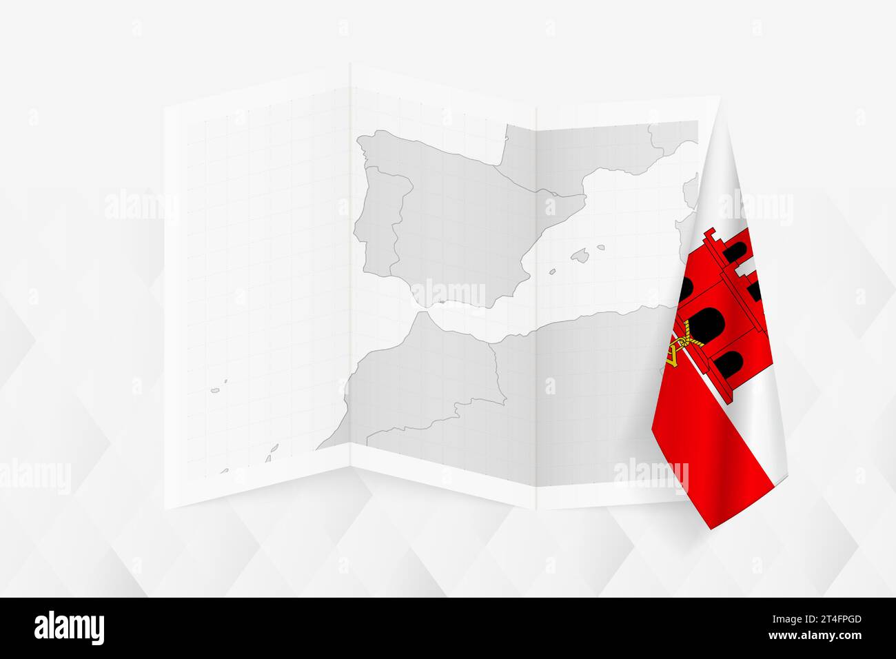 A grayscale map of Gibraltar with a hanging Gibraltar flag on one side ...