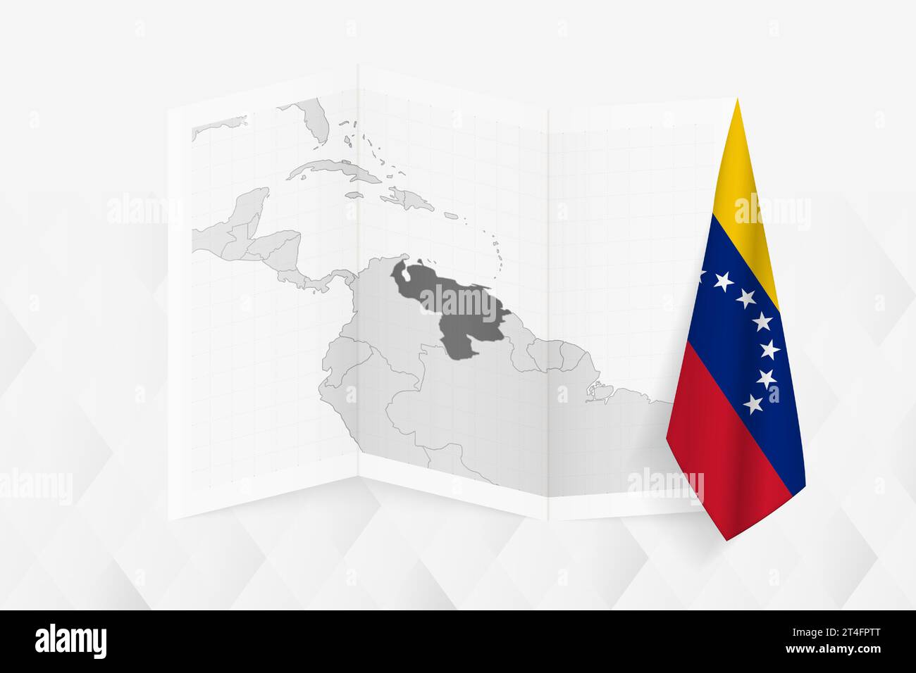 A grayscale map of Venezuela with a hanging Venezuelan flag on one side ...