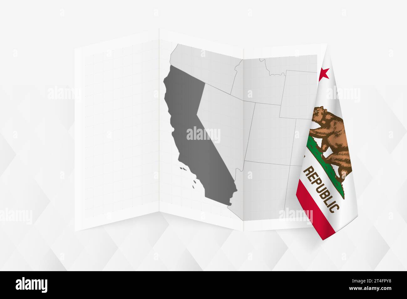 A grayscale map of California with a hanging California flag on one ...
