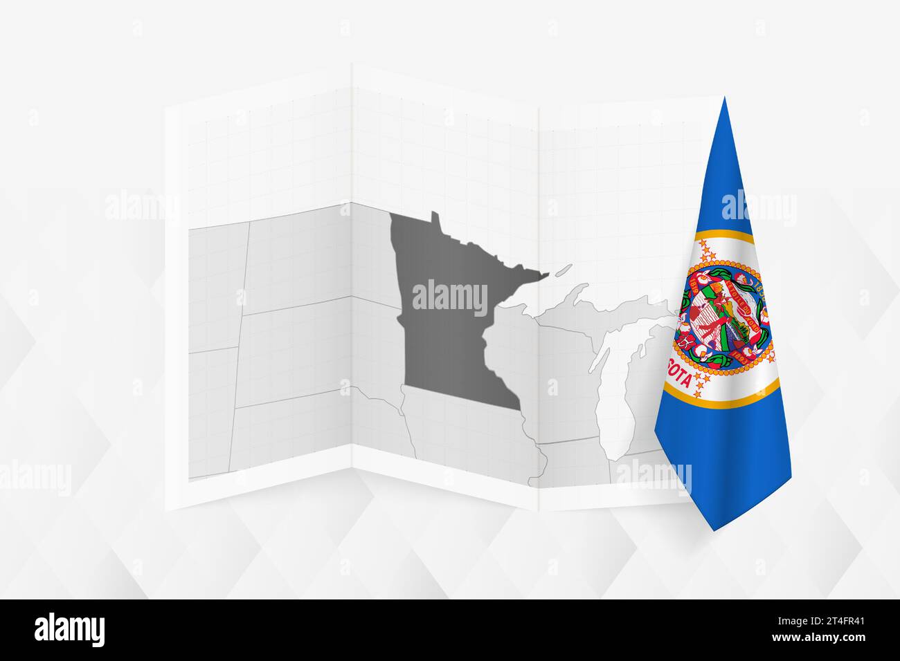 A grayscale map of Minnesota with a hanging Minnesota flag on one side ...