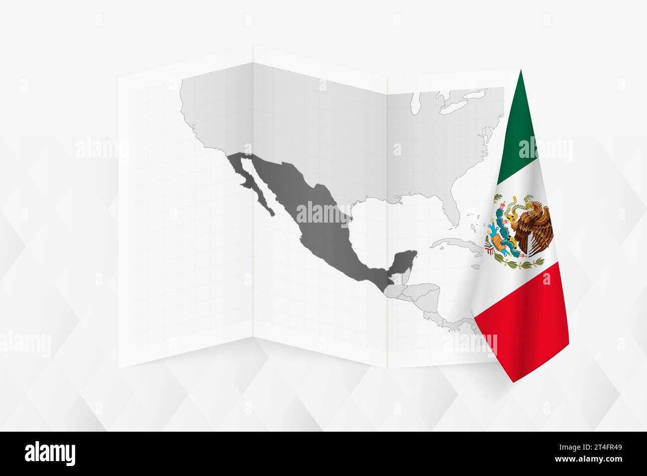 A grayscale map of Mexico with a hanging Mexican flag on one side ...