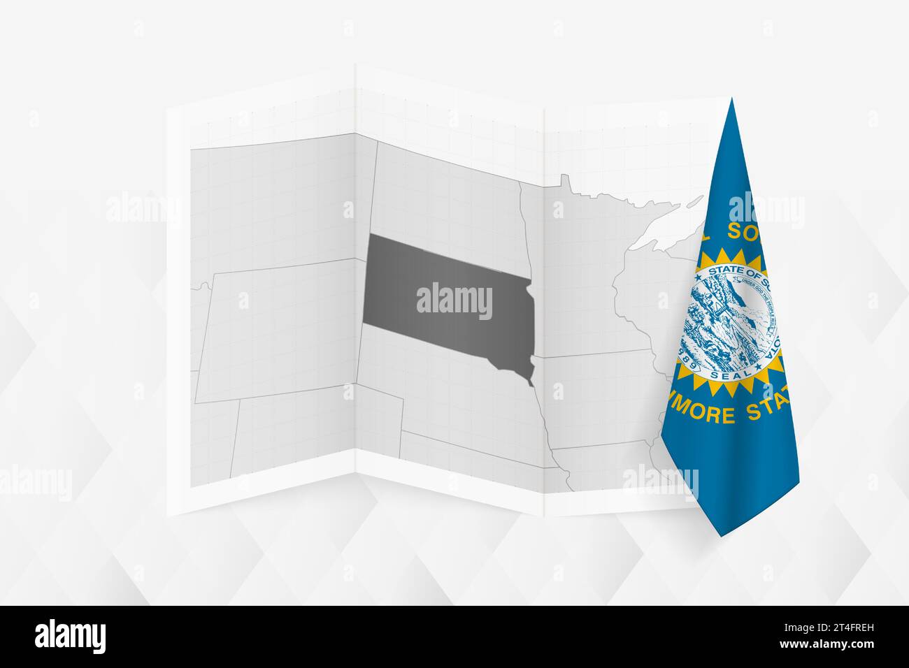A grayscale map of South Dakota with a hanging South Dakota flag on one ...