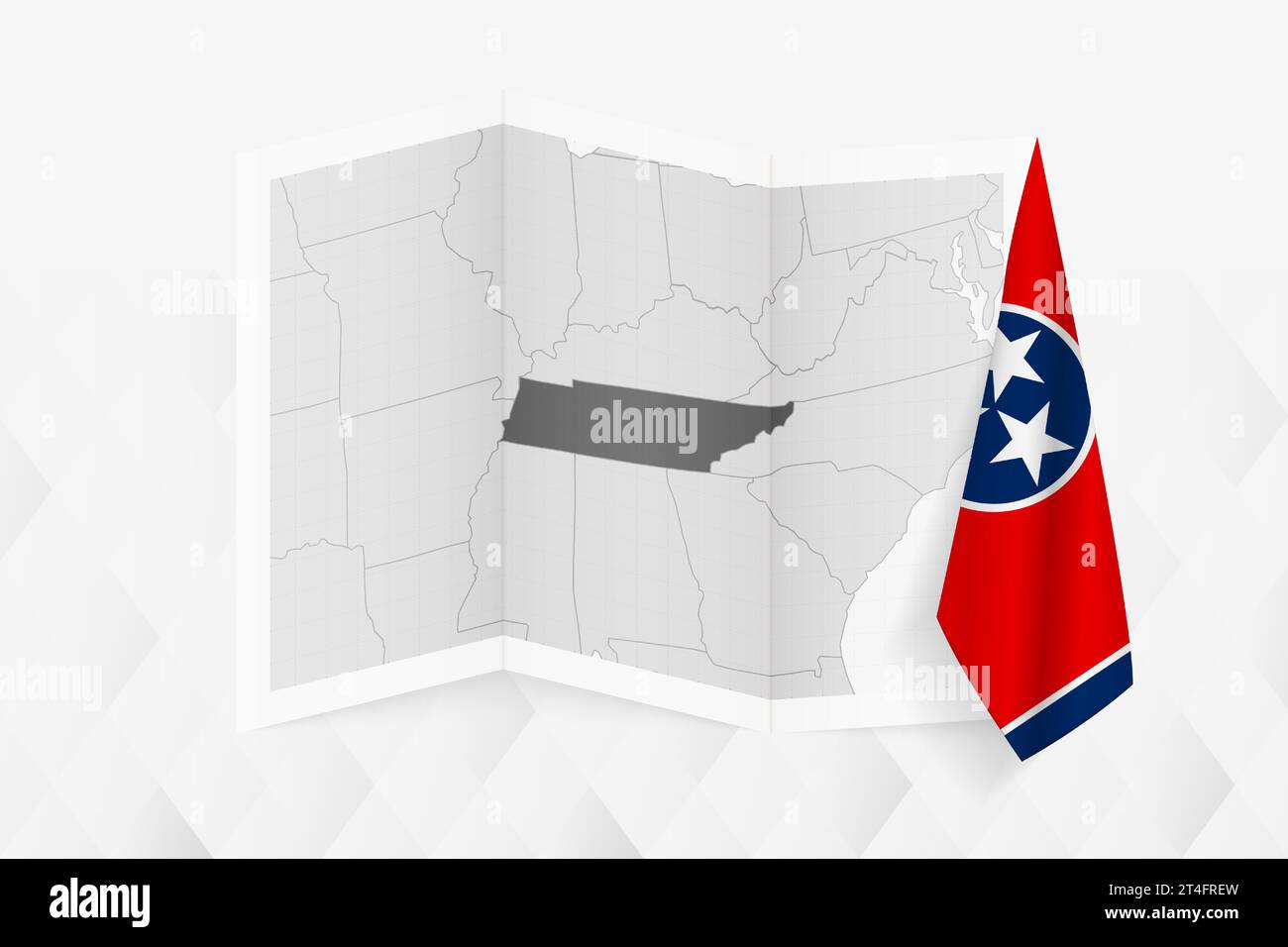 A grayscale map of Tennessee with a hanging Tennessee flag on one side ...