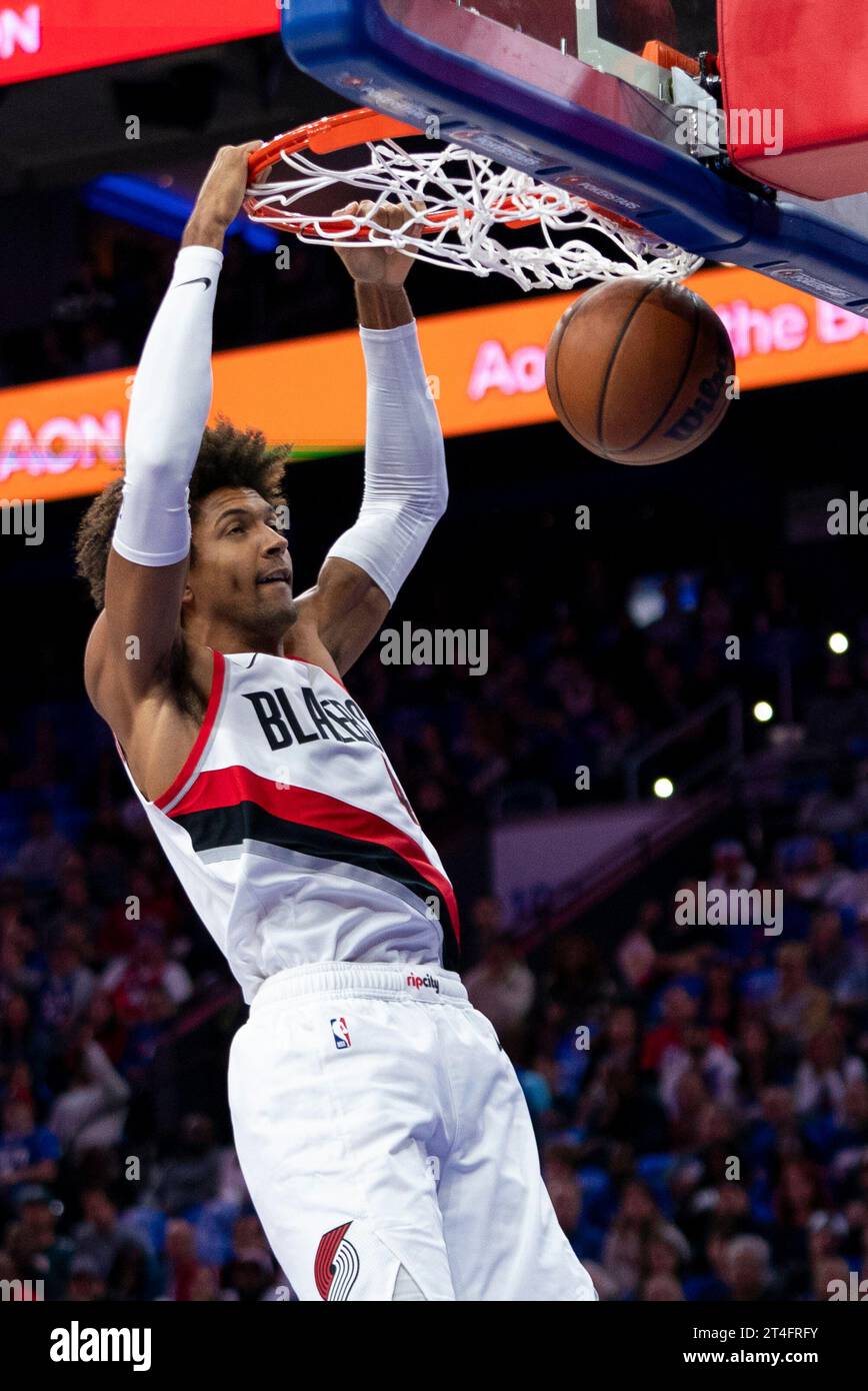 Portland Trail Blazers' Matisse Thybulle dunks the ball during the NBA basketball game against ...