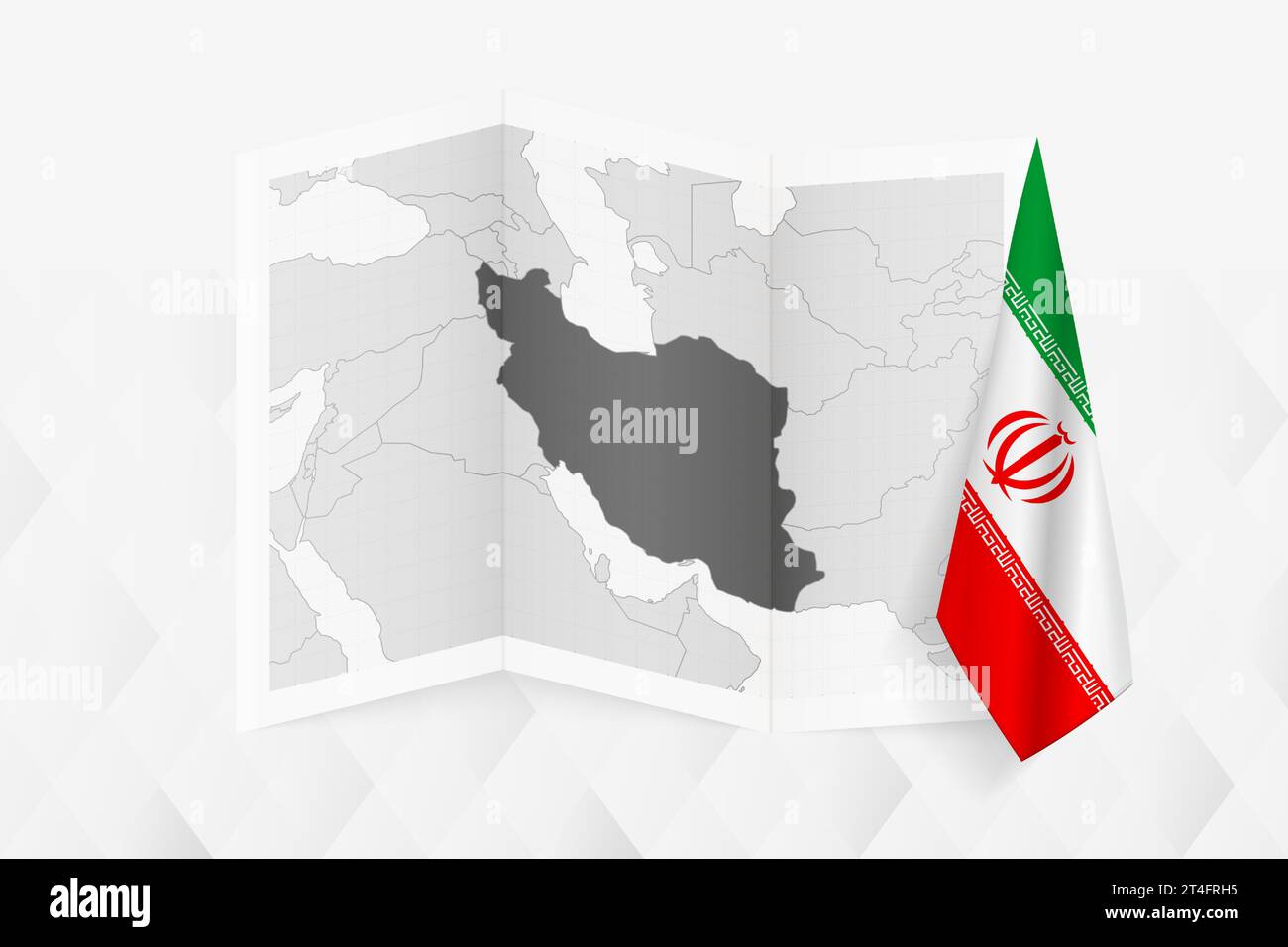 A grayscale map of Iran with a hanging Iranian flag on one side. Vector map for many types of ...