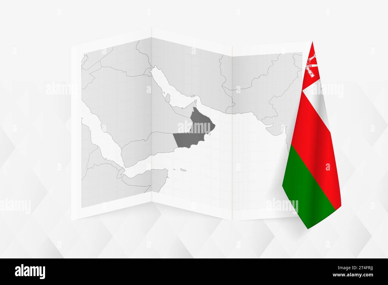 A grayscale map of Oman with a hanging Omani flag on one side. Vector ...