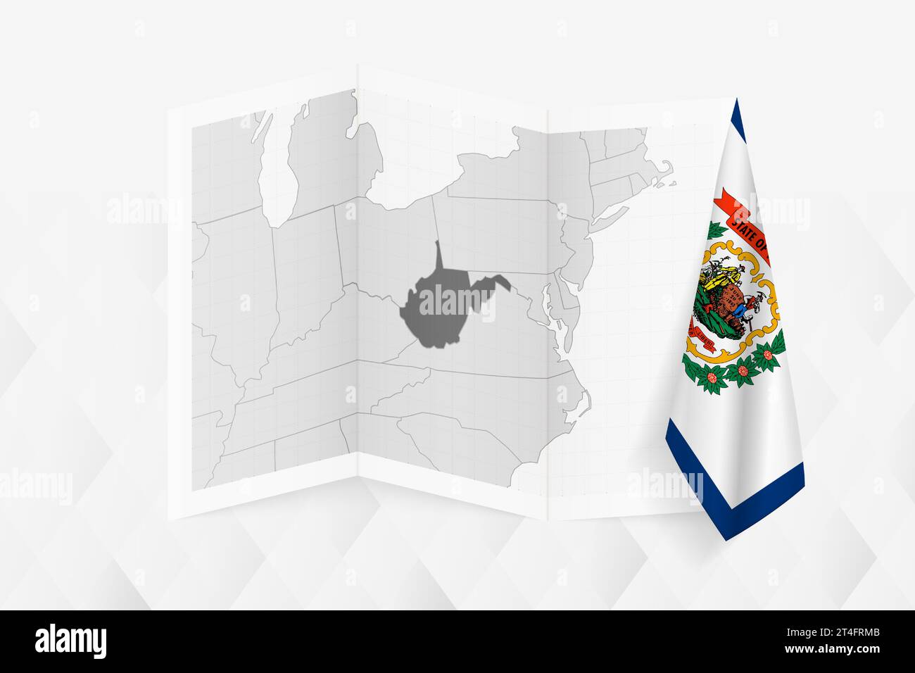 A Grayscale Map Of West Virginia With A Hanging West Virginia Flag On One Side Vector Map For