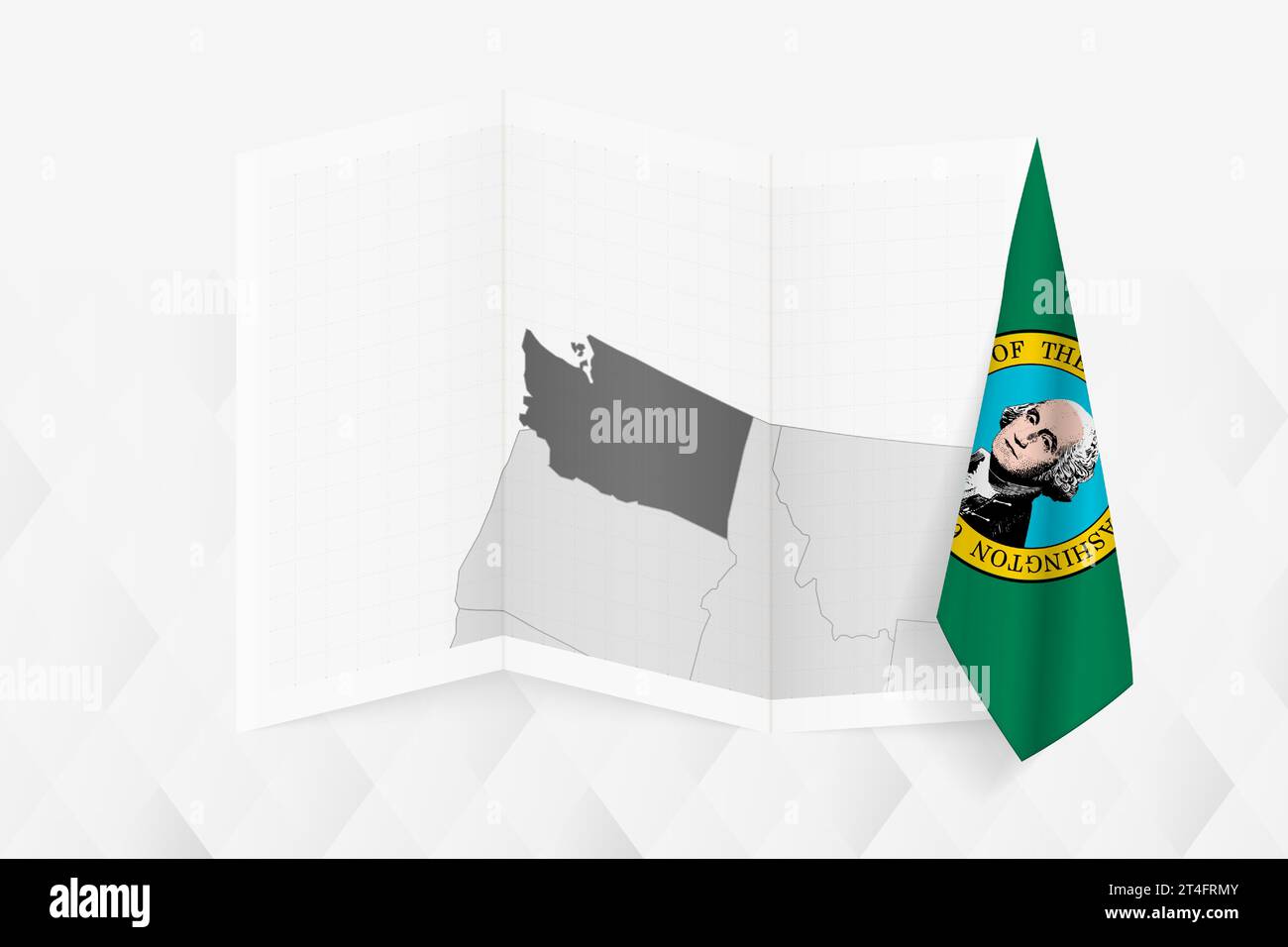 A grayscale map of Washington with a hanging Washington flag on one ...