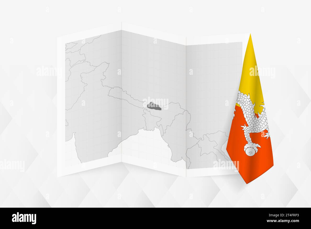 A grayscale map of Bhutan with a hanging Bhutanese flag on one side ...