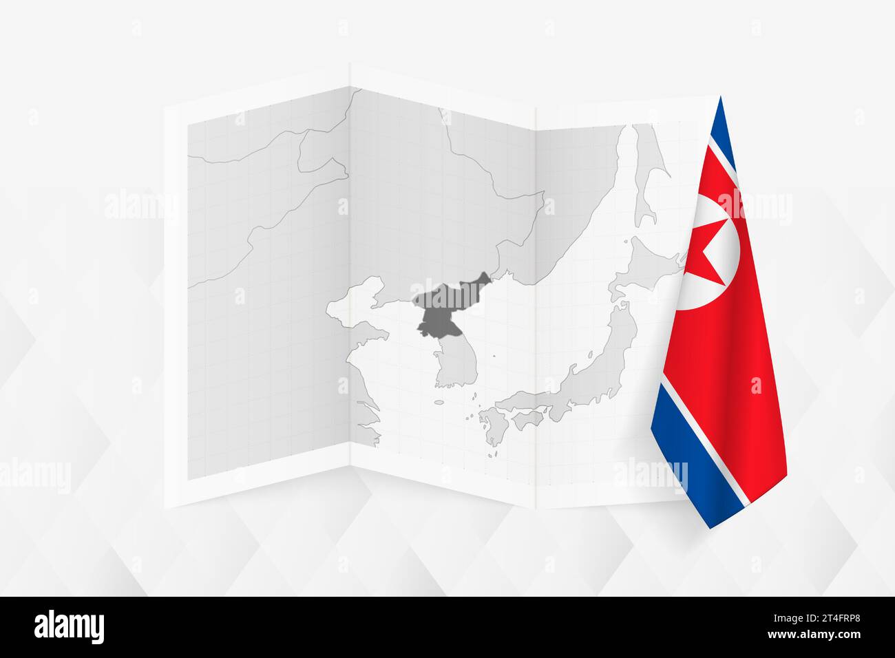 A grayscale map of North Korea with a hanging North Korean flag on one ...