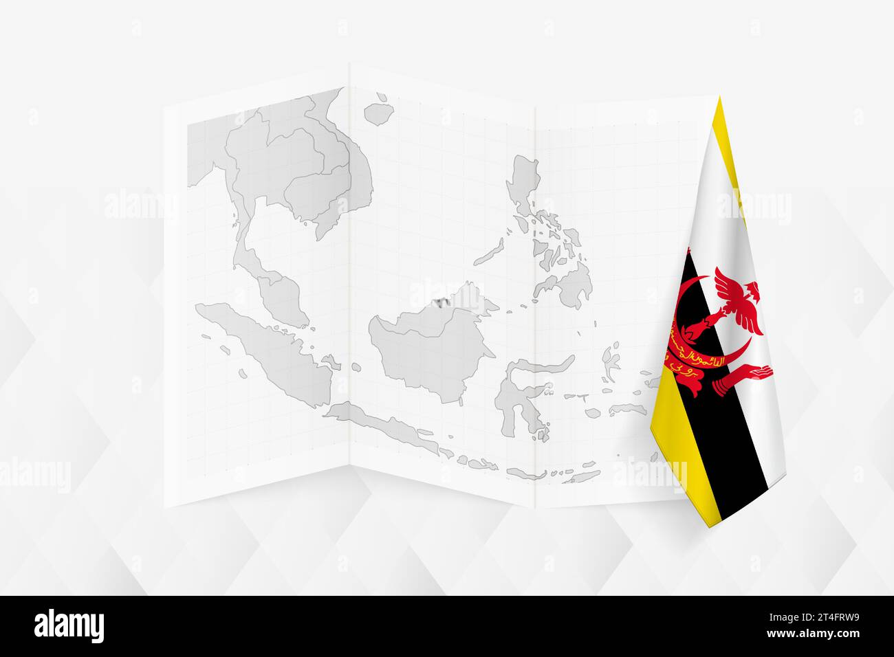 A grayscale map of Brunei with a hanging Bruneian flag on one side ...