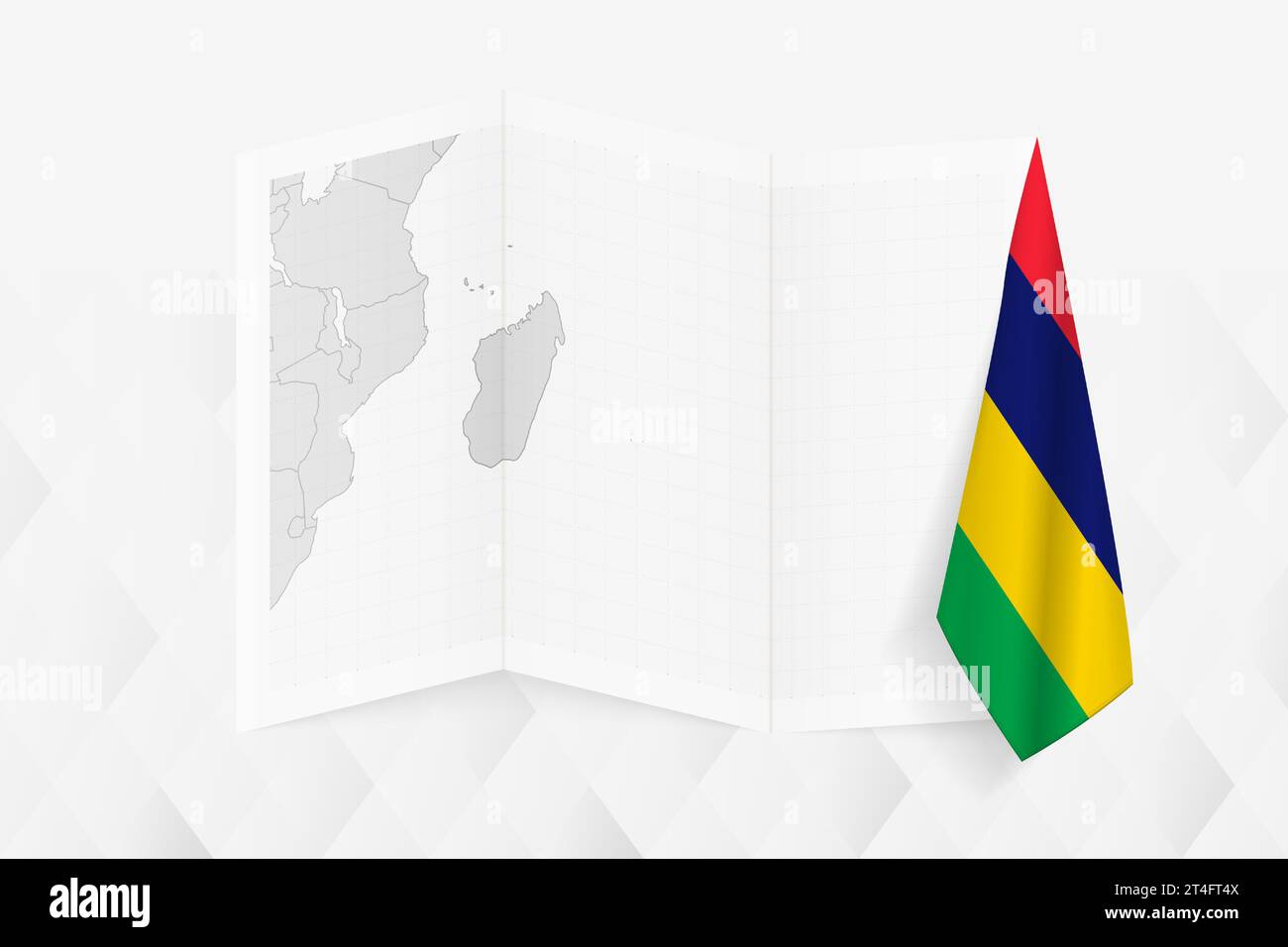 A grayscale map of Mauritius with a hanging Mauritius flag on one side. Vector map for many ...