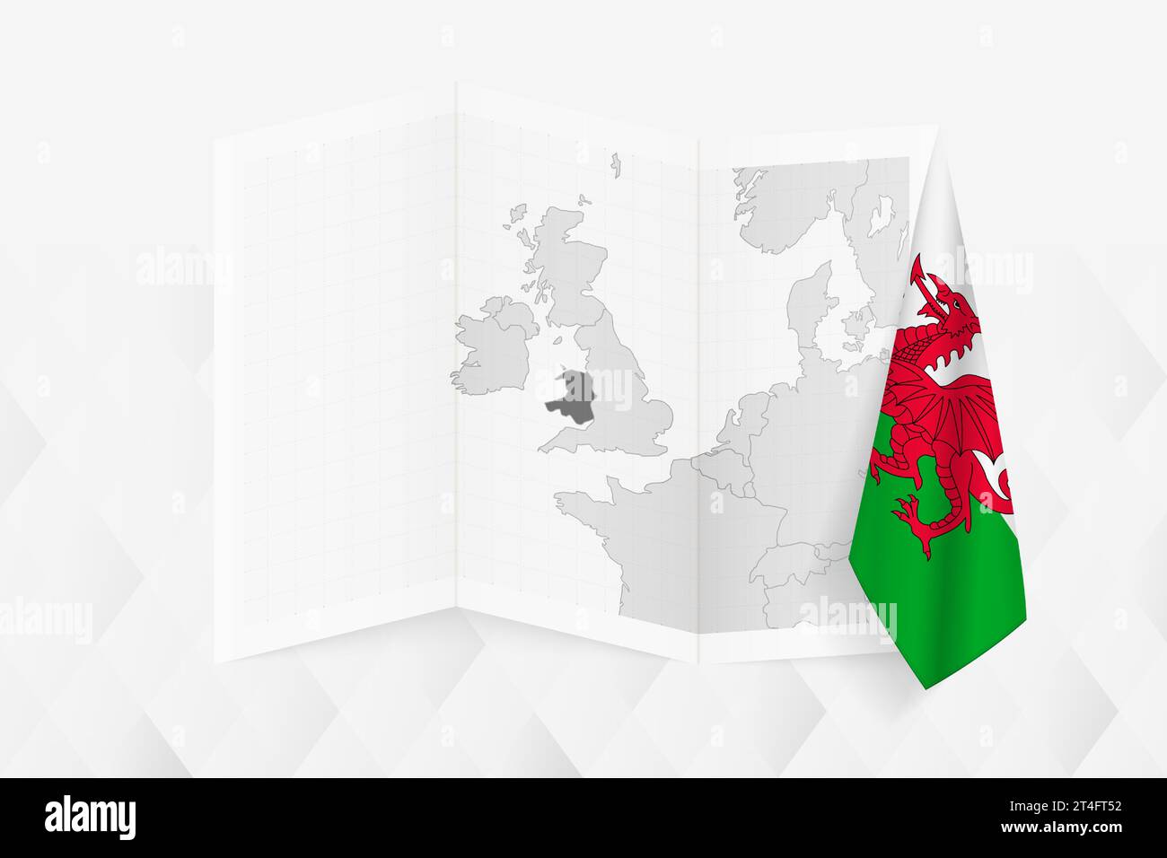 A grayscale map of Wales with a hanging Wales flag on one side. Vector map for many types of ...