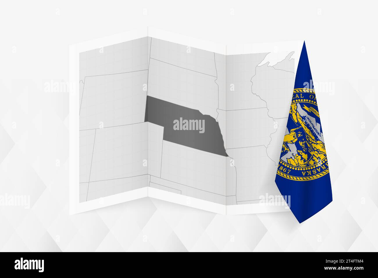 A grayscale map of Nebraska with a hanging Nebraska flag on one side ...