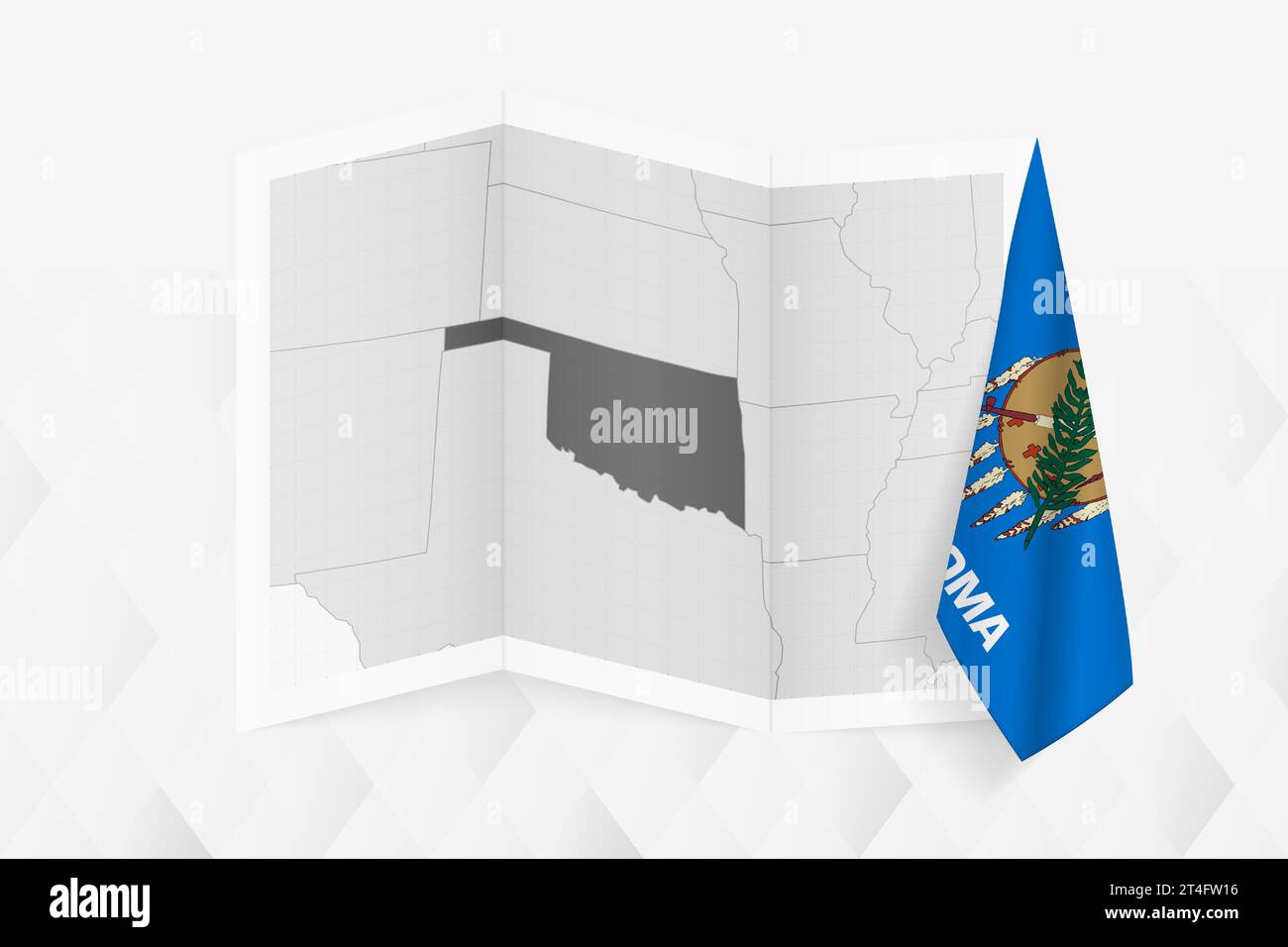 A grayscale map of Oklahoma with a hanging Oklahoma flag on one side ...