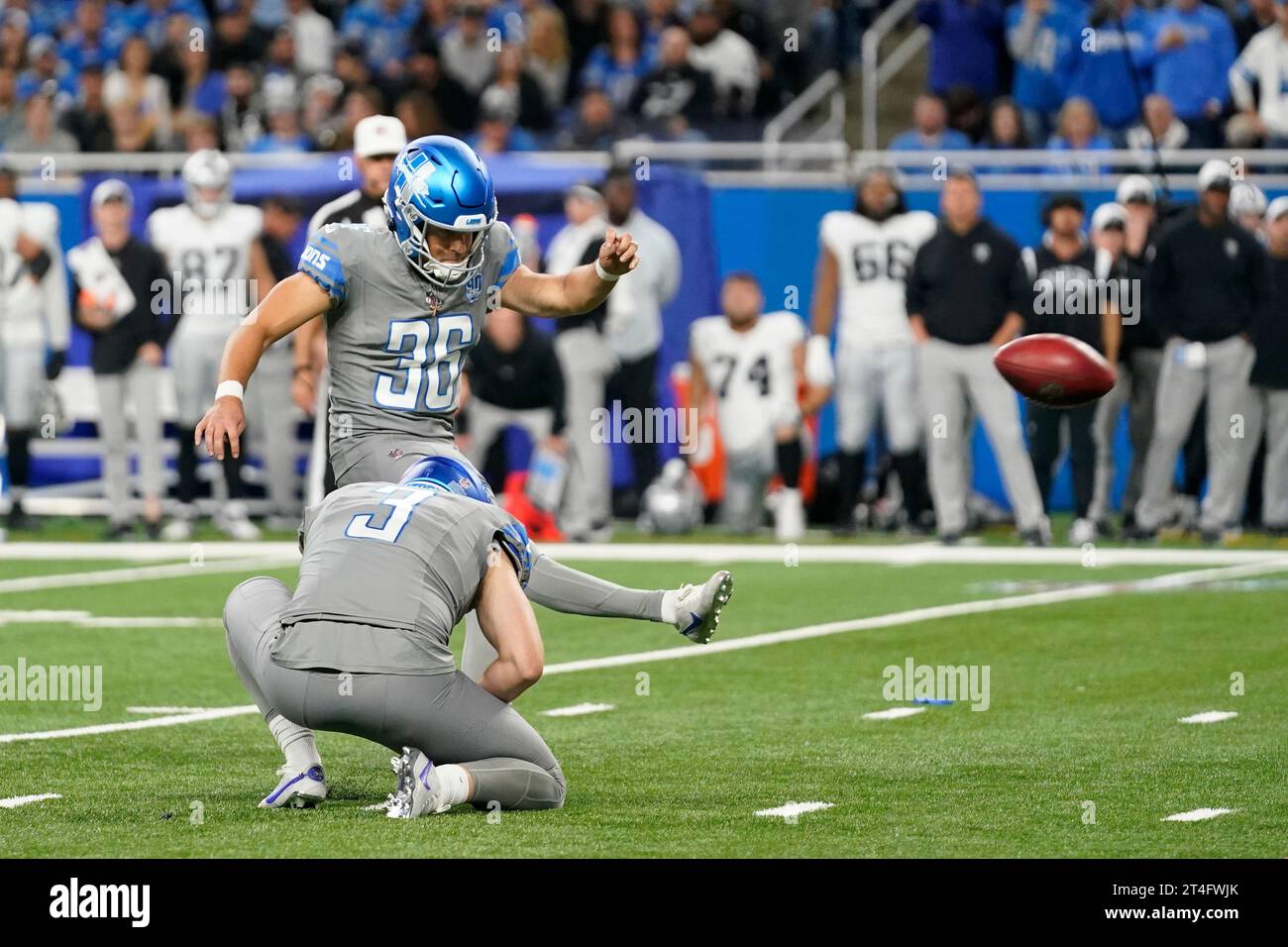 Detroit Lions place-kicker Riley Patterson (36) kicks a field goal ...