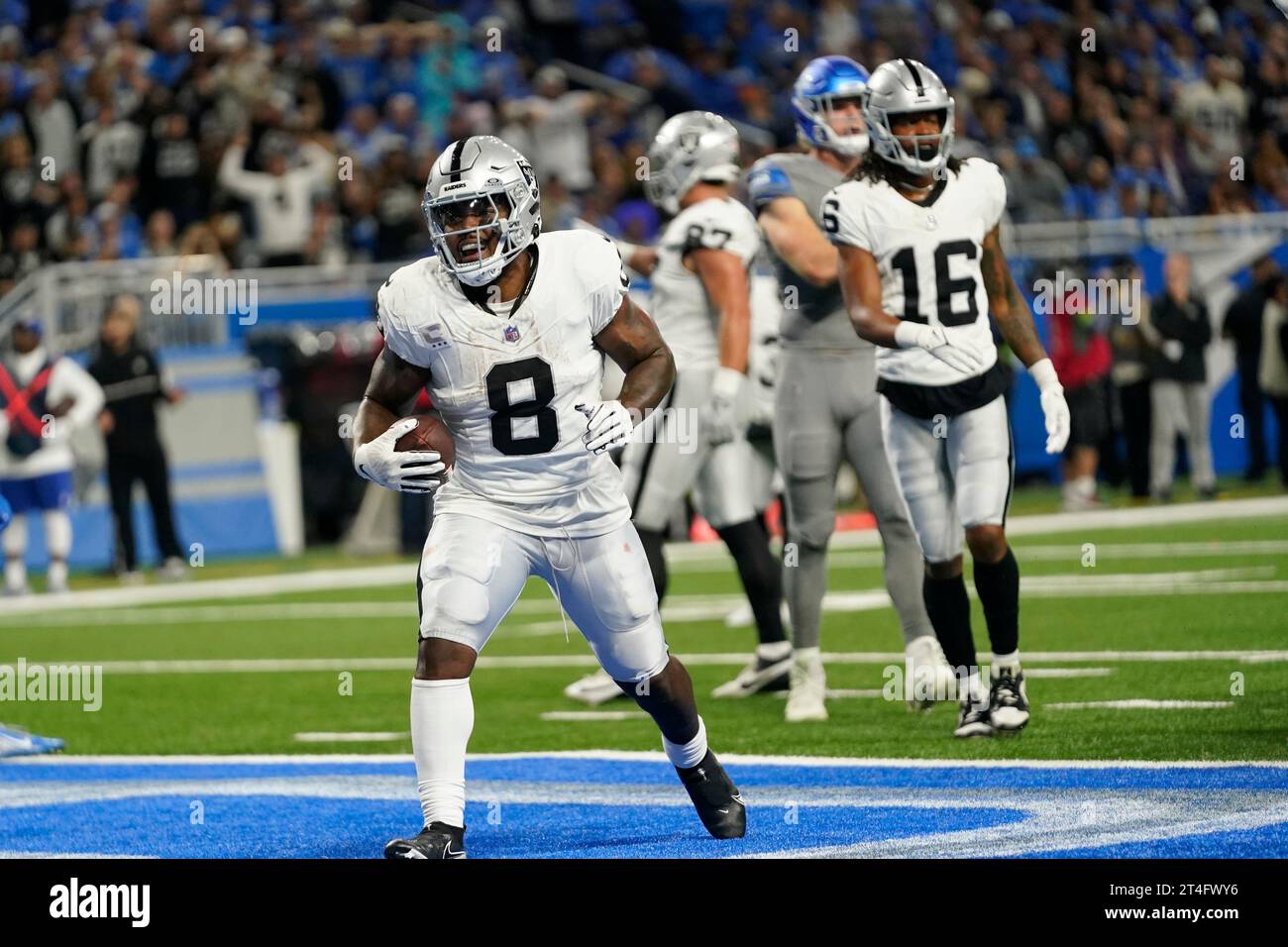 Las Vegas Raiders running back Josh Jacobs (8) reacts after his three ...