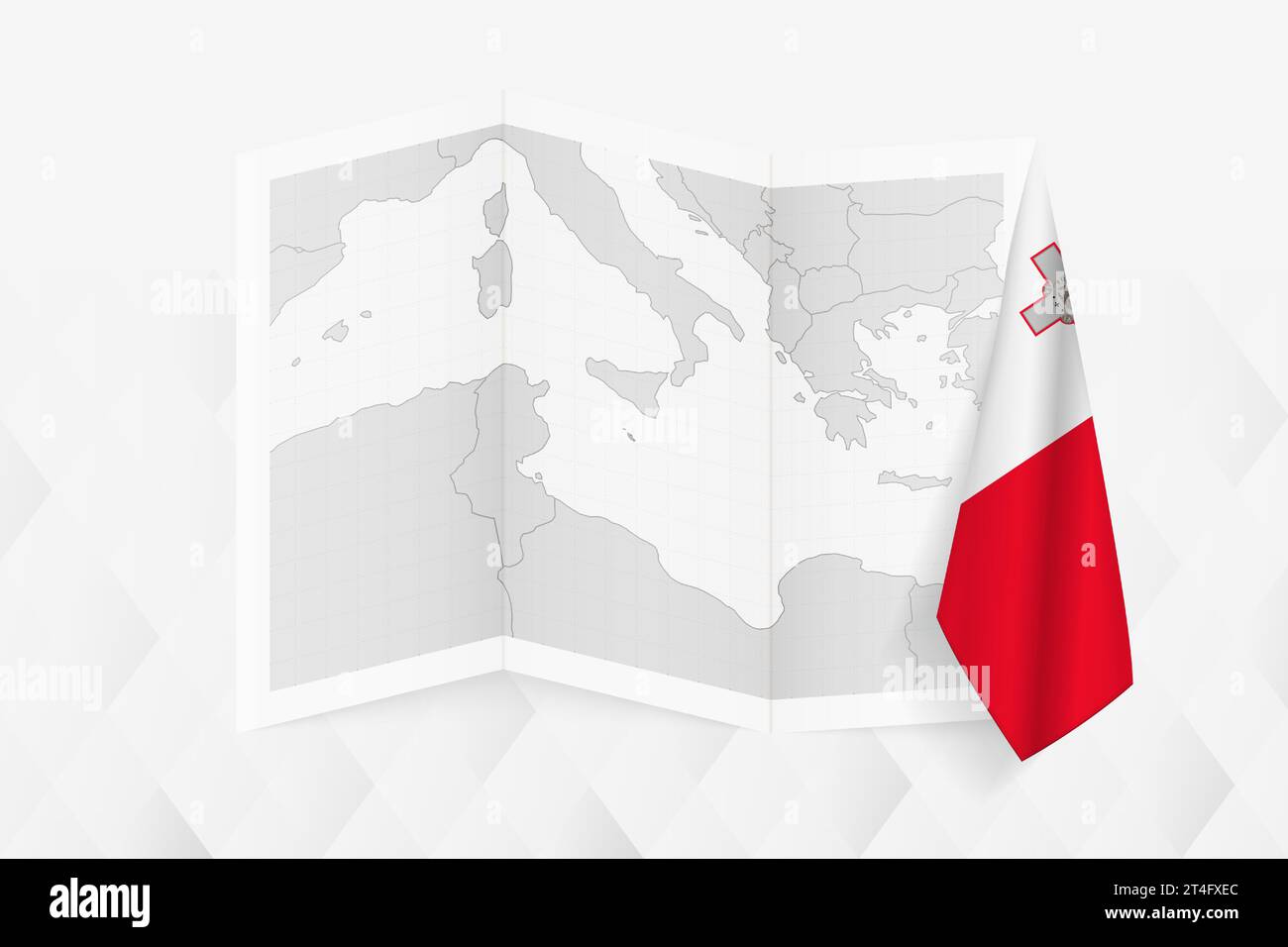 A grayscale map of Malta with a hanging Maltese flag on one side ...