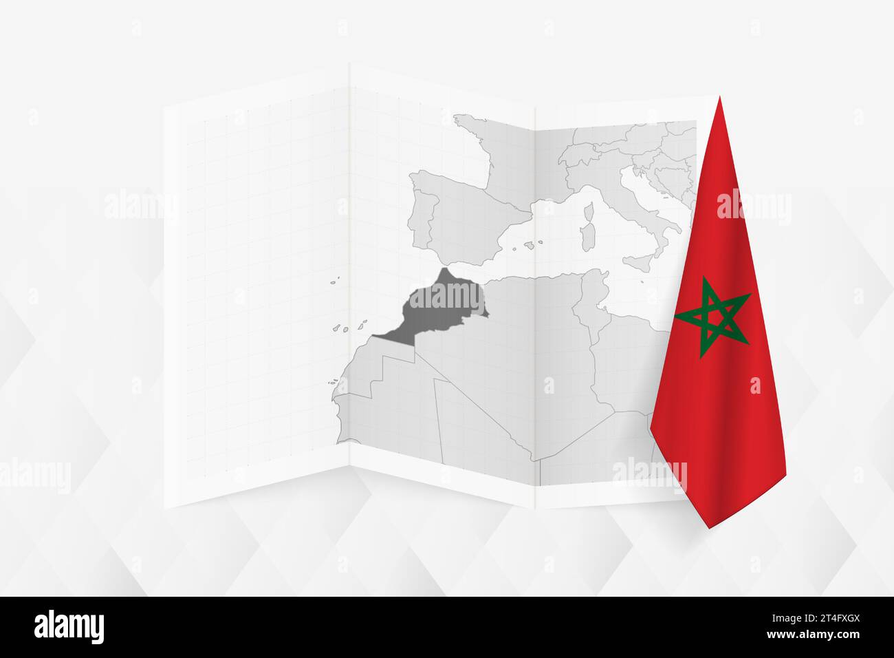 A grayscale map of Morocco with a hanging Moroccan flag on one side ...