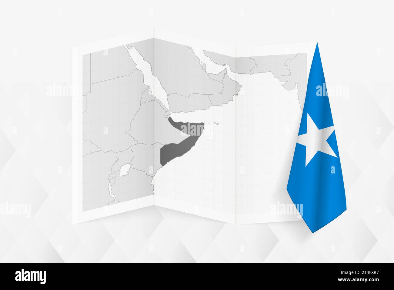 A grayscale map of Somalia with a hanging Somali flag on one side. Vector map for many types of ...