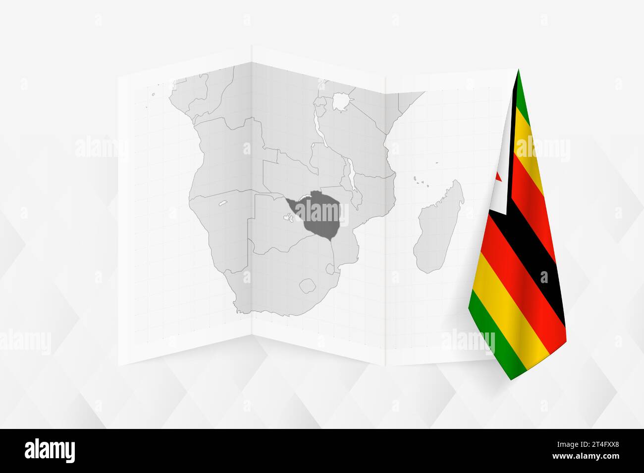 A grayscale map of Zimbabwe with a hanging Zimbabwean flag on one side. Vector map for many ...