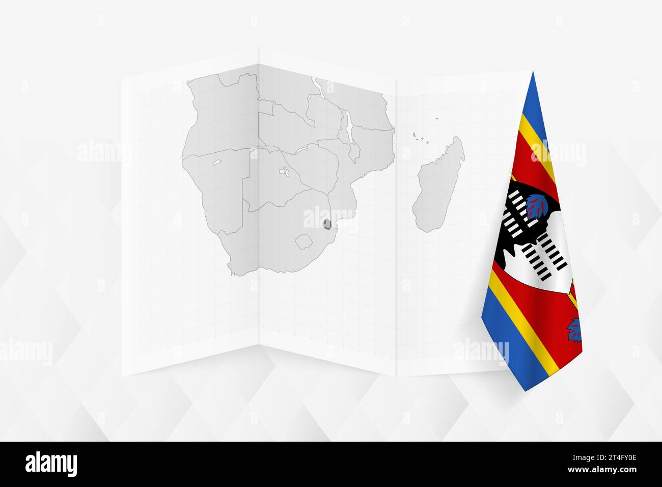 A grayscale map of Swaziland with a hanging Swazi flag on one side ...