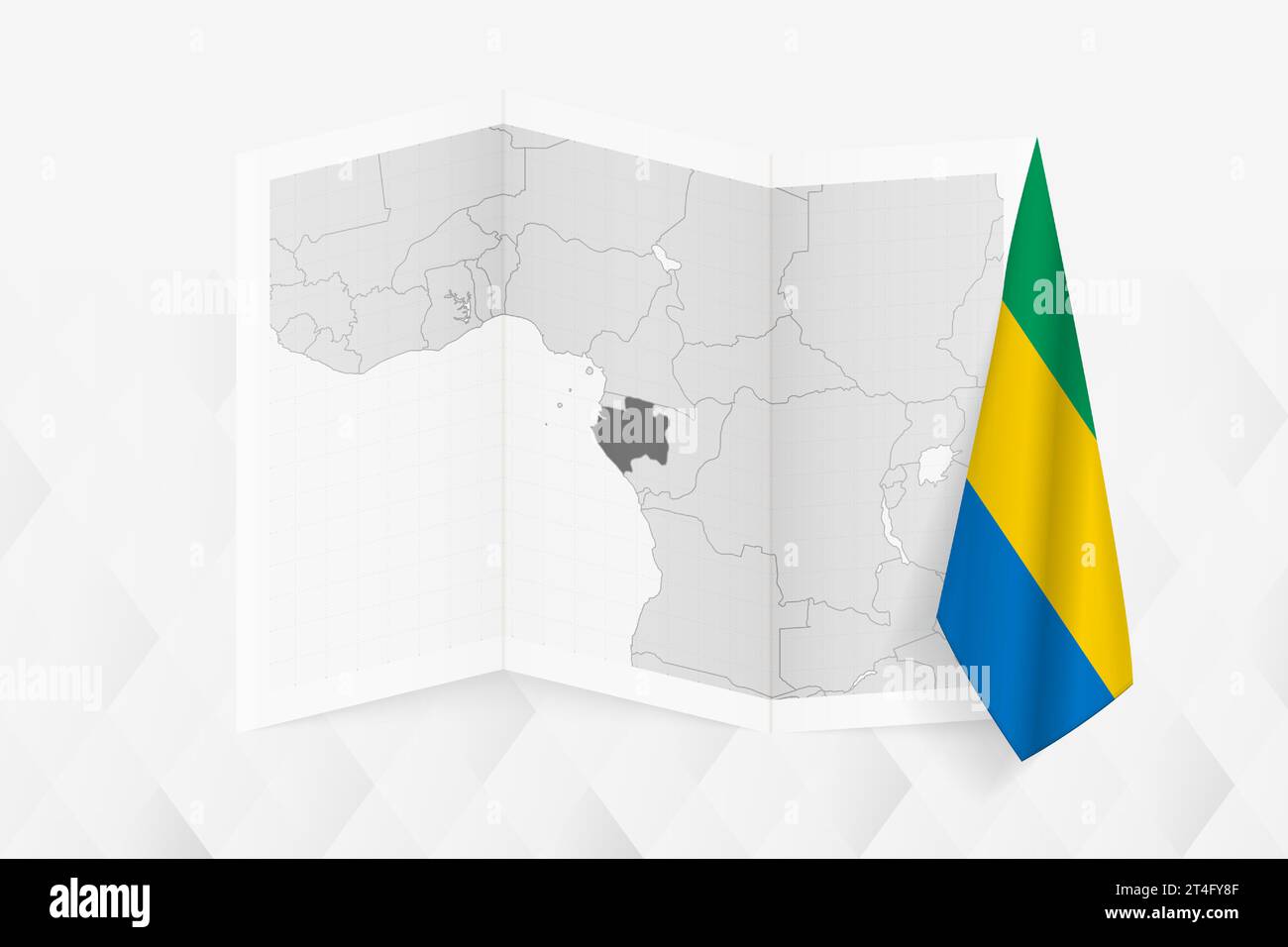 A grayscale map of Gabon with a hanging Gabonese flag on one side ...