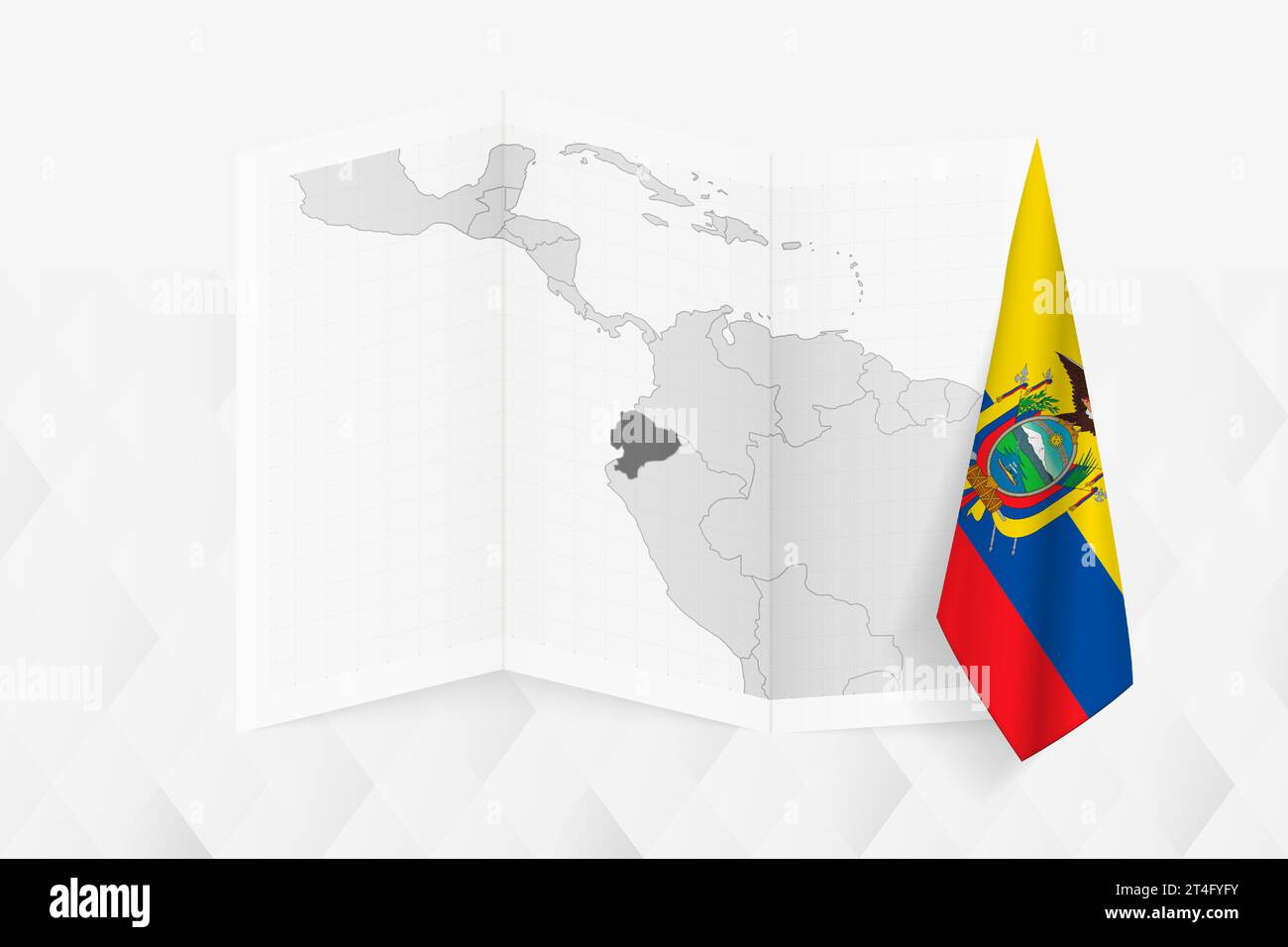 A grayscale map of Ecuador with a hanging Ecuadorian flag on one side ...