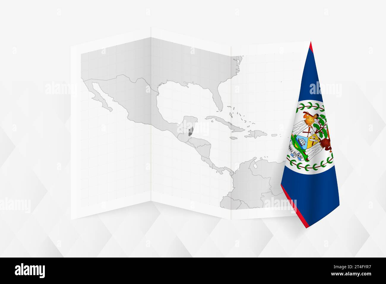 A grayscale map of Belize with a hanging Belizean flag on one side ...