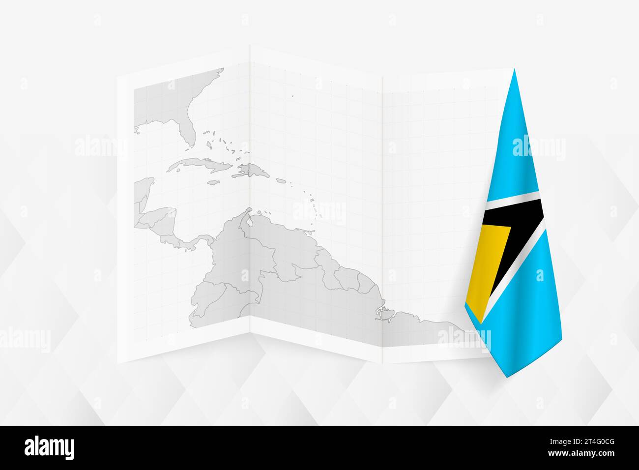 A grayscale map of Saint Lucia with a hanging Saint Lucian flag on one ...