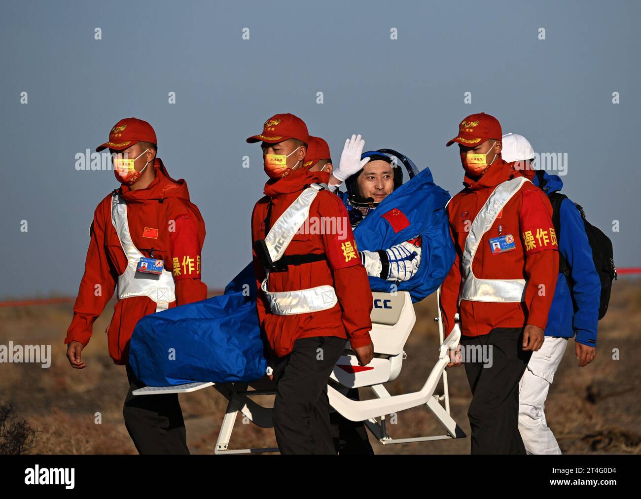 Dongfeng Landing Site. 31st Oct, 2023. Astronaut Zhu Yangzhu is out of the return capsule of the ...