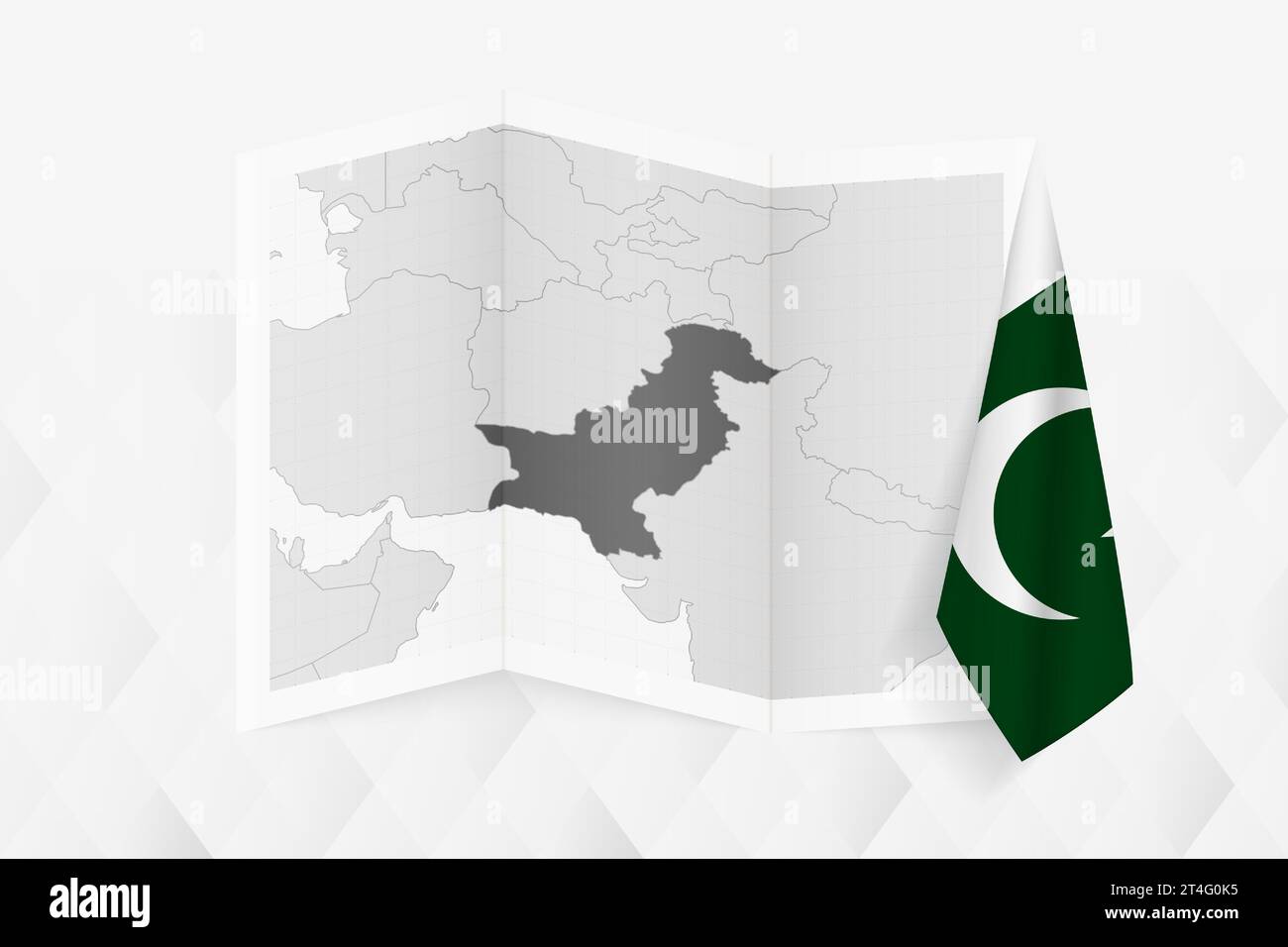 A grayscale map of Pakistan with a hanging Pakistani flag on one side ...