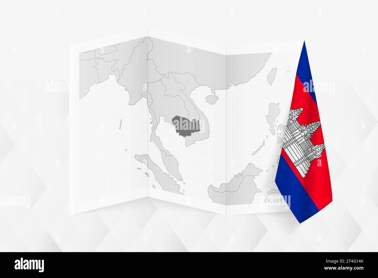 A grayscale map of Cambodia with a hanging Cambodian flag on one side. Vector map for many types ...