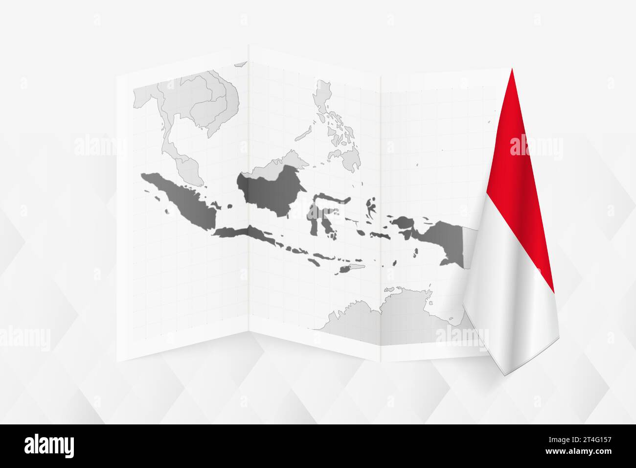 A grayscale map of Indonesia with a hanging Indonesian flag on one side ...