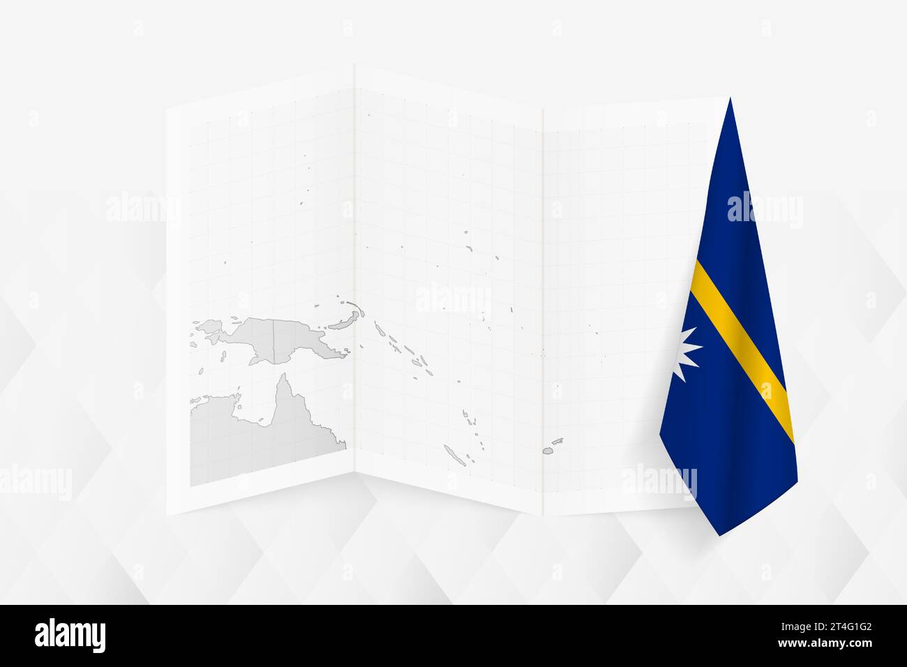A grayscale map of Nauru with a hanging Nauruan flag on one side ...
