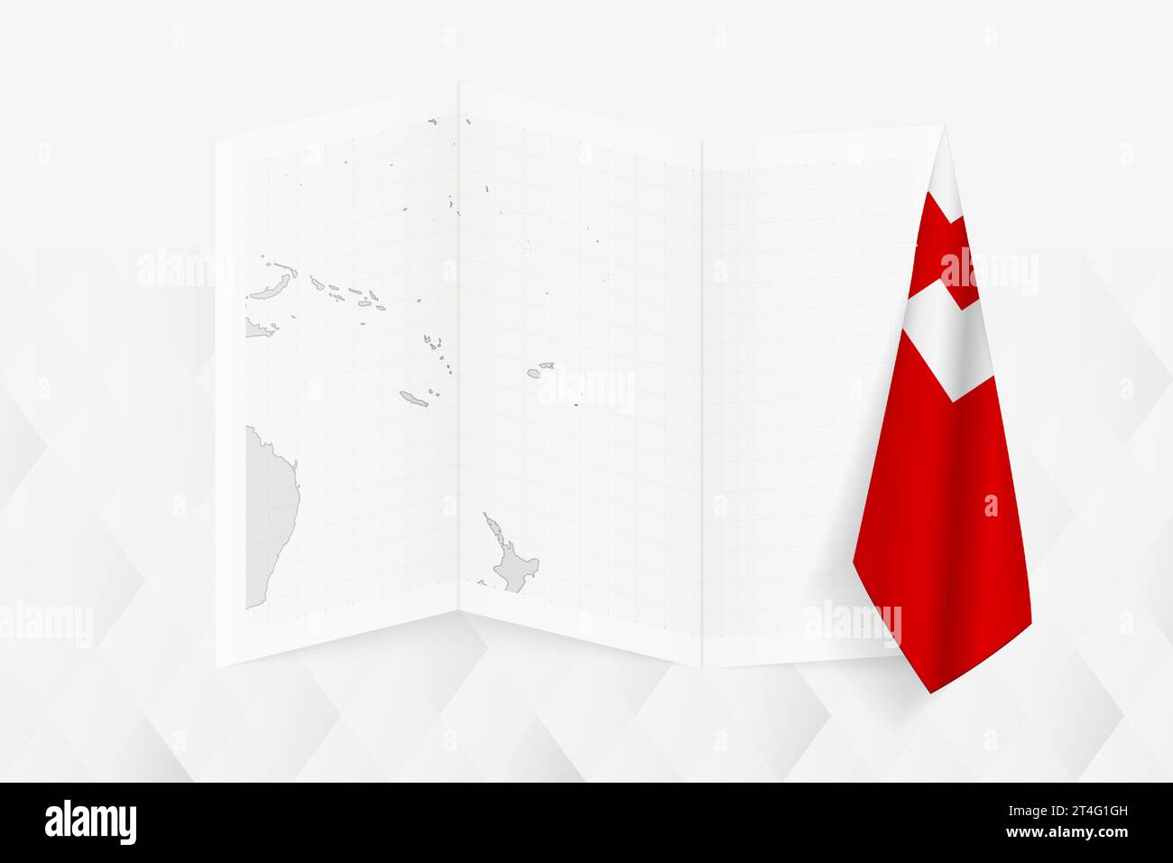 A grayscale map of Tonga with a hanging Tongan flag on one side. Vector ...