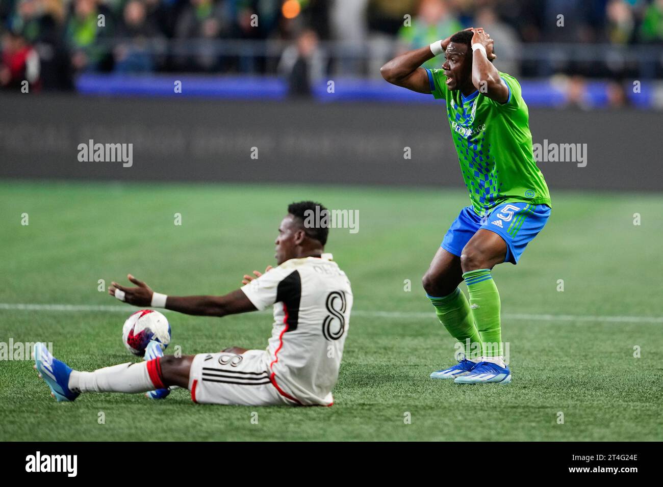 Seattle Sounders defender Nouhou Tolo (5) reacts after being called for ...