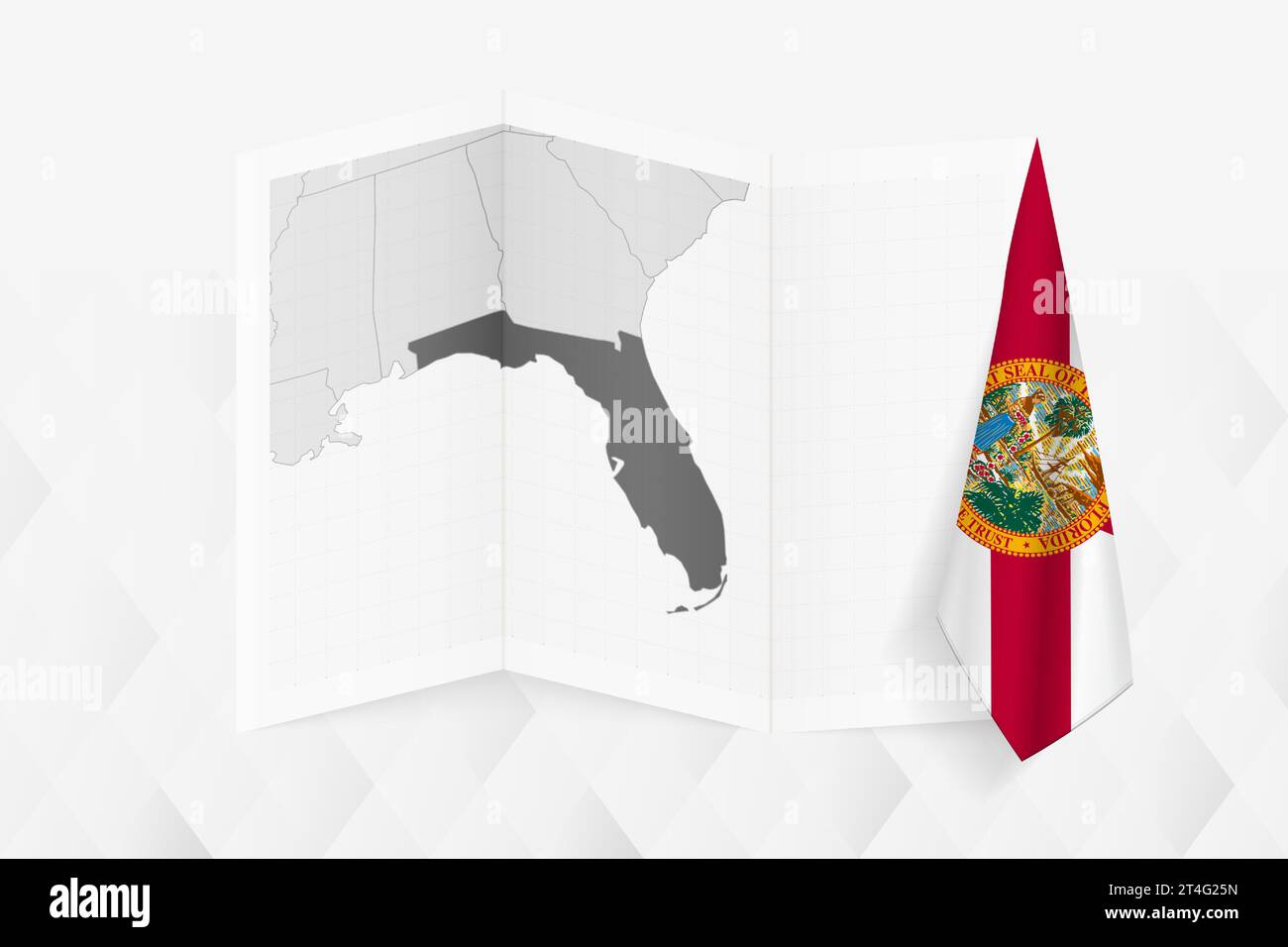 A grayscale map of Florida with a hanging Florida flag on one side ...