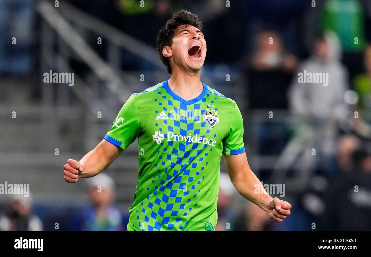 Seattle Sounders midfielder Josh Atencio reacts after his shot on goal ...