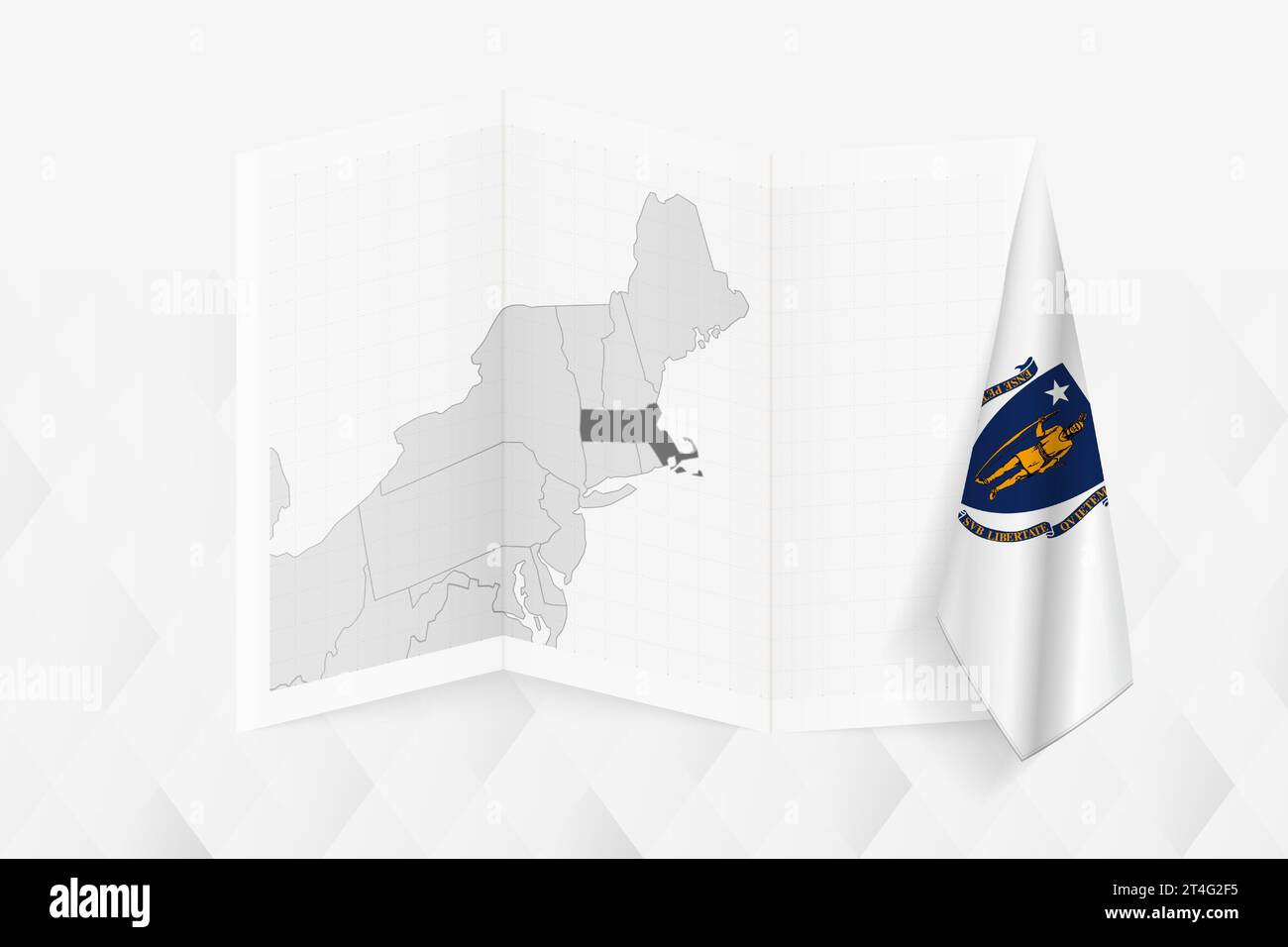 A grayscale map of Massachusetts with a hanging Massachusetts flag on ...