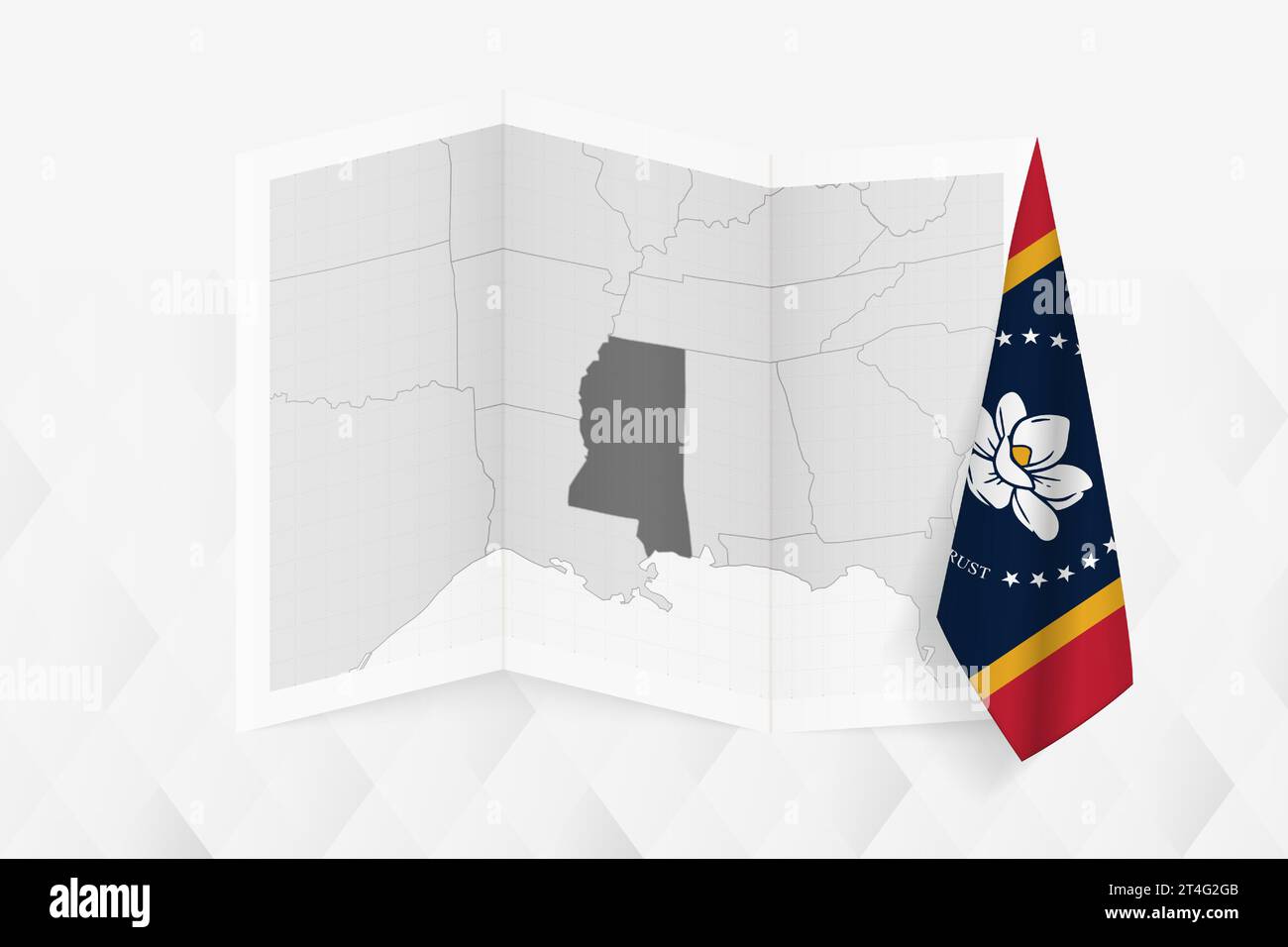 A grayscale map of Mississippi with a hanging Mississippi flag on one ...